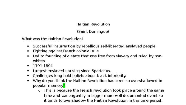 HIST 201: Insights into the Haitian Revolution and Its Legacy - Studocu