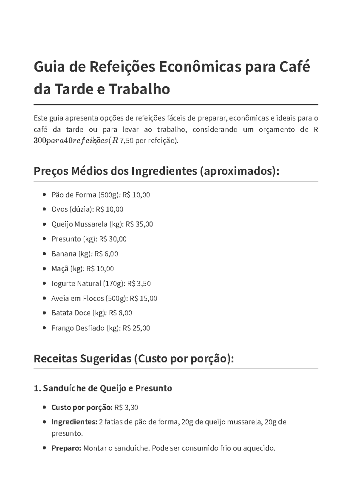 Guia de Refeições Econômicas para Café da Tarde e Trabalho - Studocu