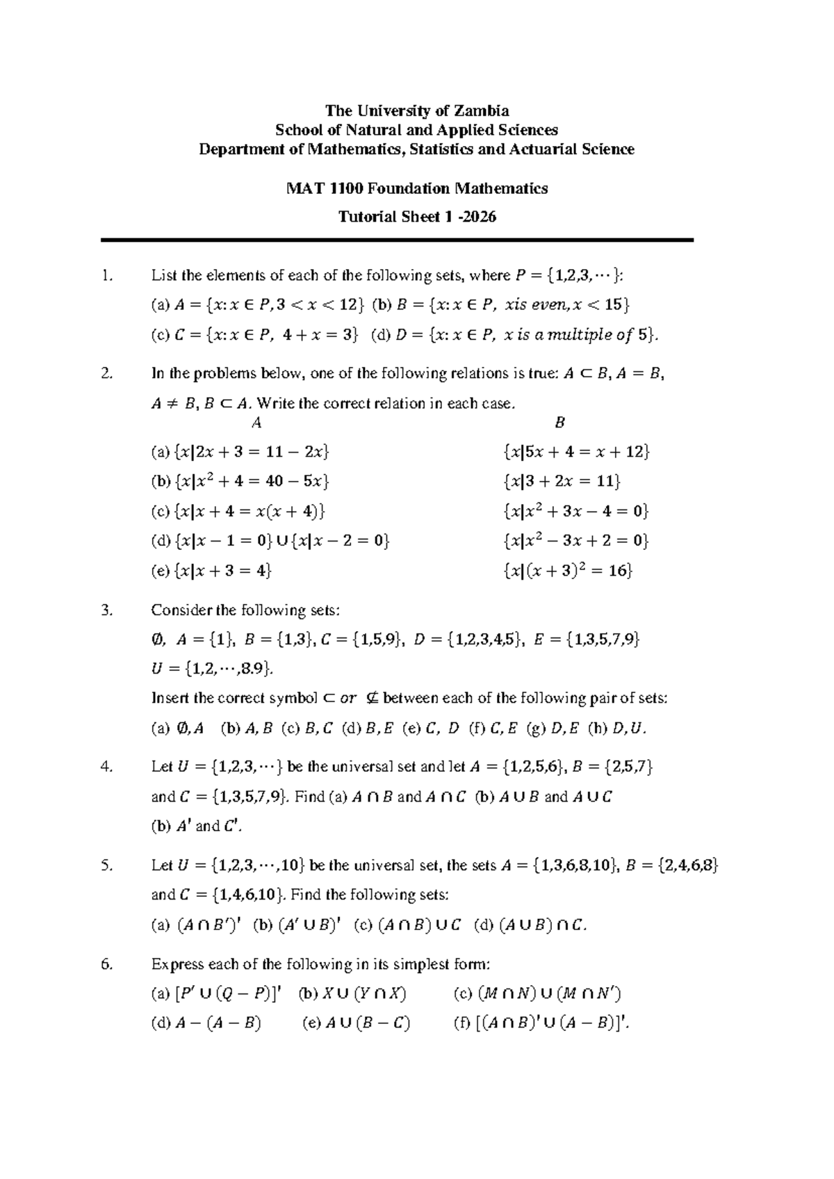 MAT 1100 Foundation Mathematics Tutorial Sheet 1 - Studocu