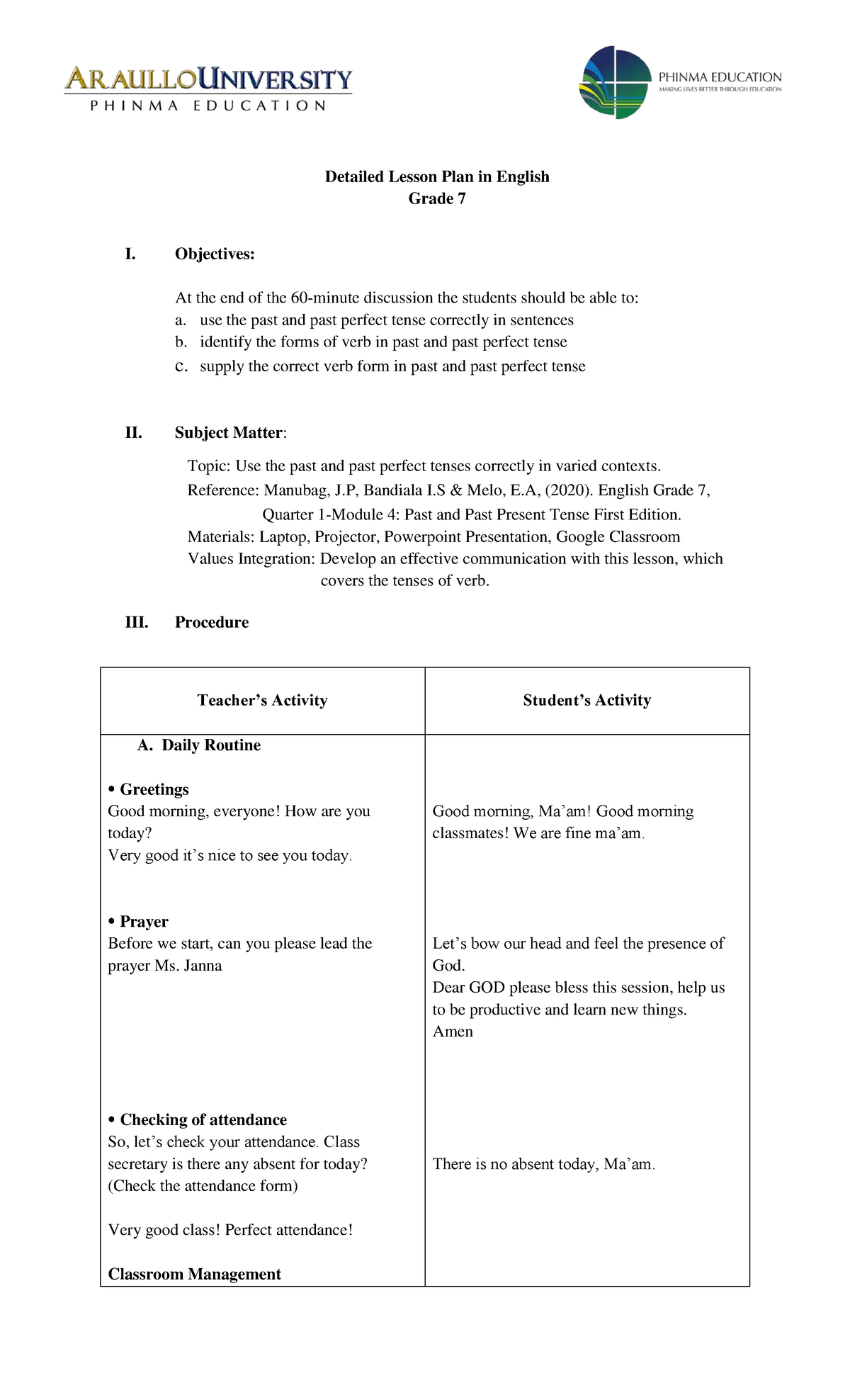 DLP(542) - Detailed Lesson Plan: Past & Past Perfect Tenses for Grade 7 ...
