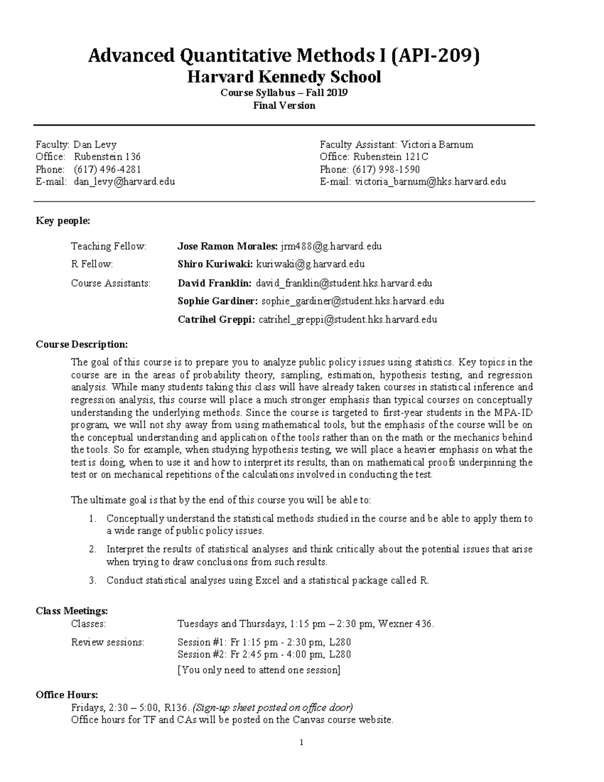 Advanced Quantitative Methods I (API 209) Syllabus - Fall 2019 - Studocu