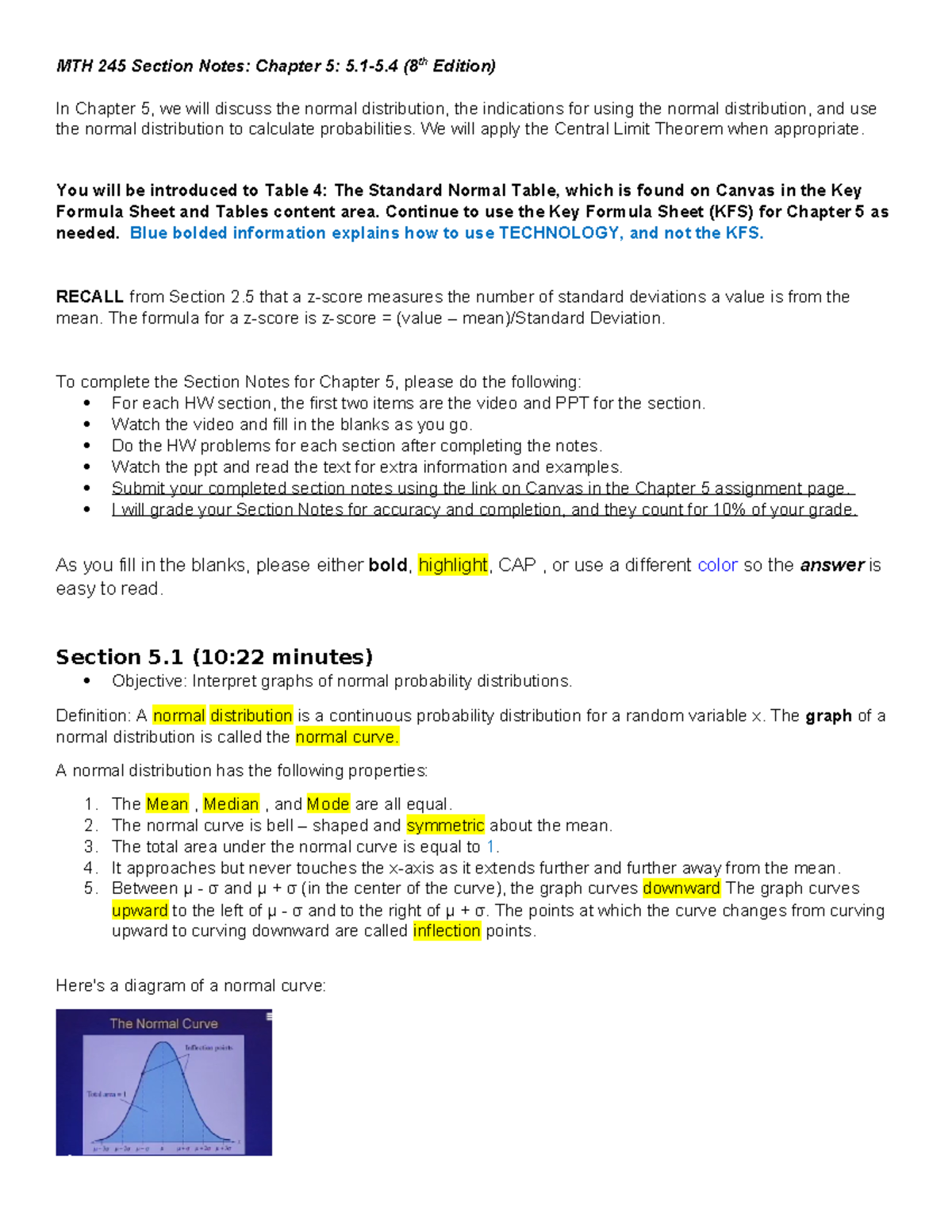 Chapter 5 Section Notes MTH 245: Normal Distribution & Probabilities ...