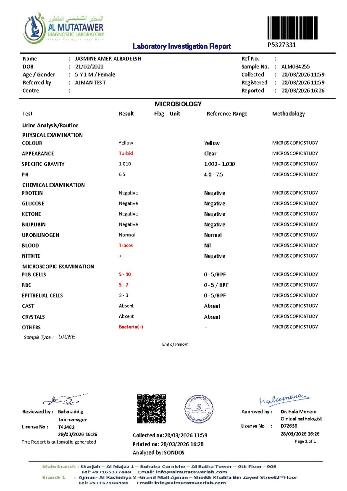 P5327331 Urine Lab Investigation Report for Jasmine Amer - Studocu