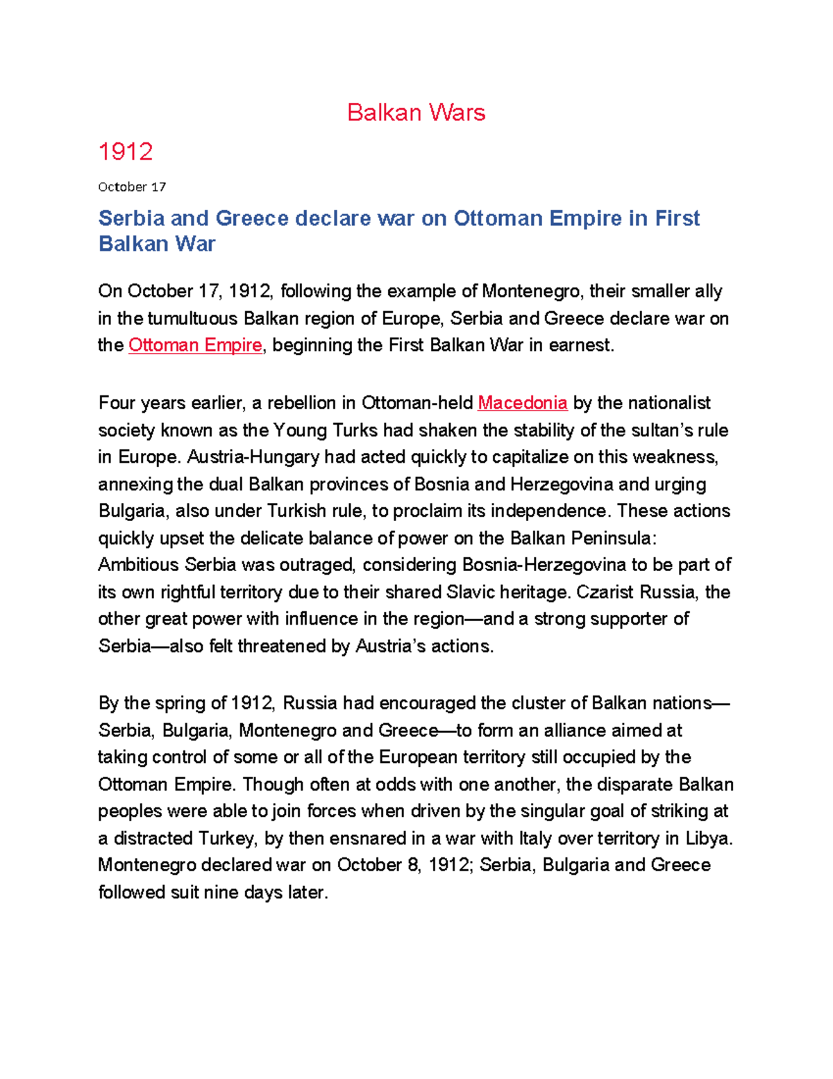 Balkan Wars: Serbia & Greece Declare War on Ottoman Empire (1912) - Studocu