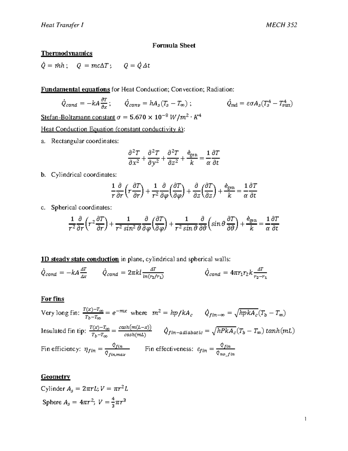 Formula Sheet for Heat Transfer I (MECH 352) - Chapters 1-3 - Studocu