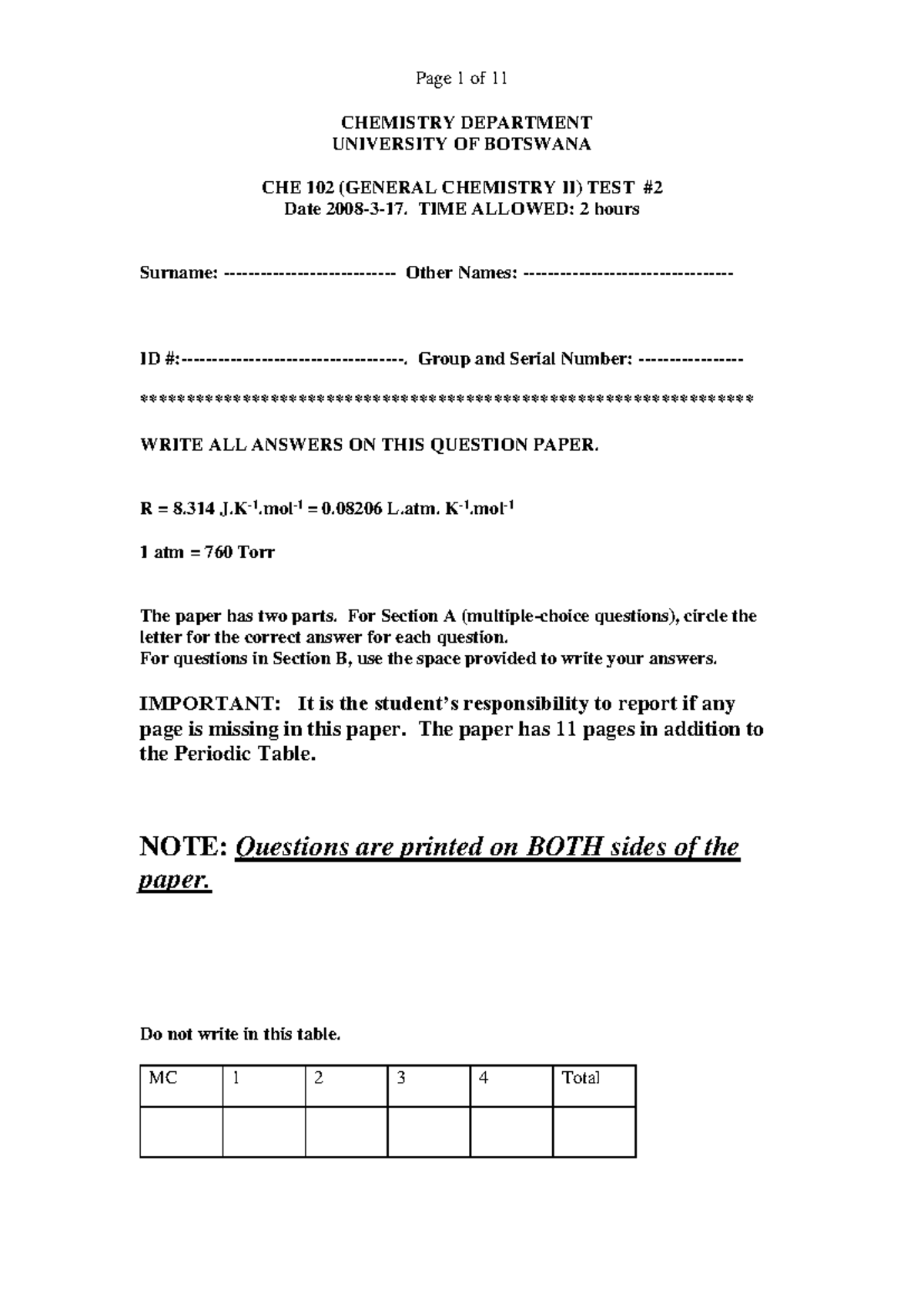 CHE 102 General Chemistry II Test - Semester 2 Exam - Studocu