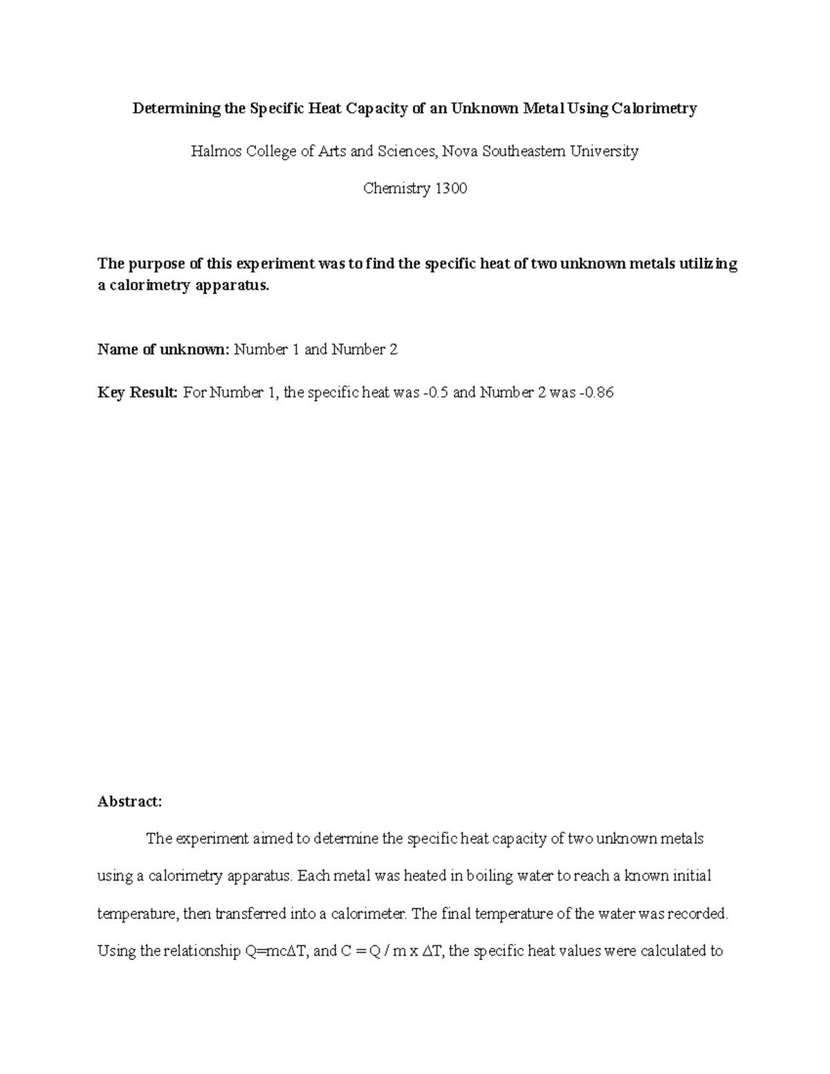 Determining Specific Heat of Unknown Metals via Calorimetry - Chem 1300 ...