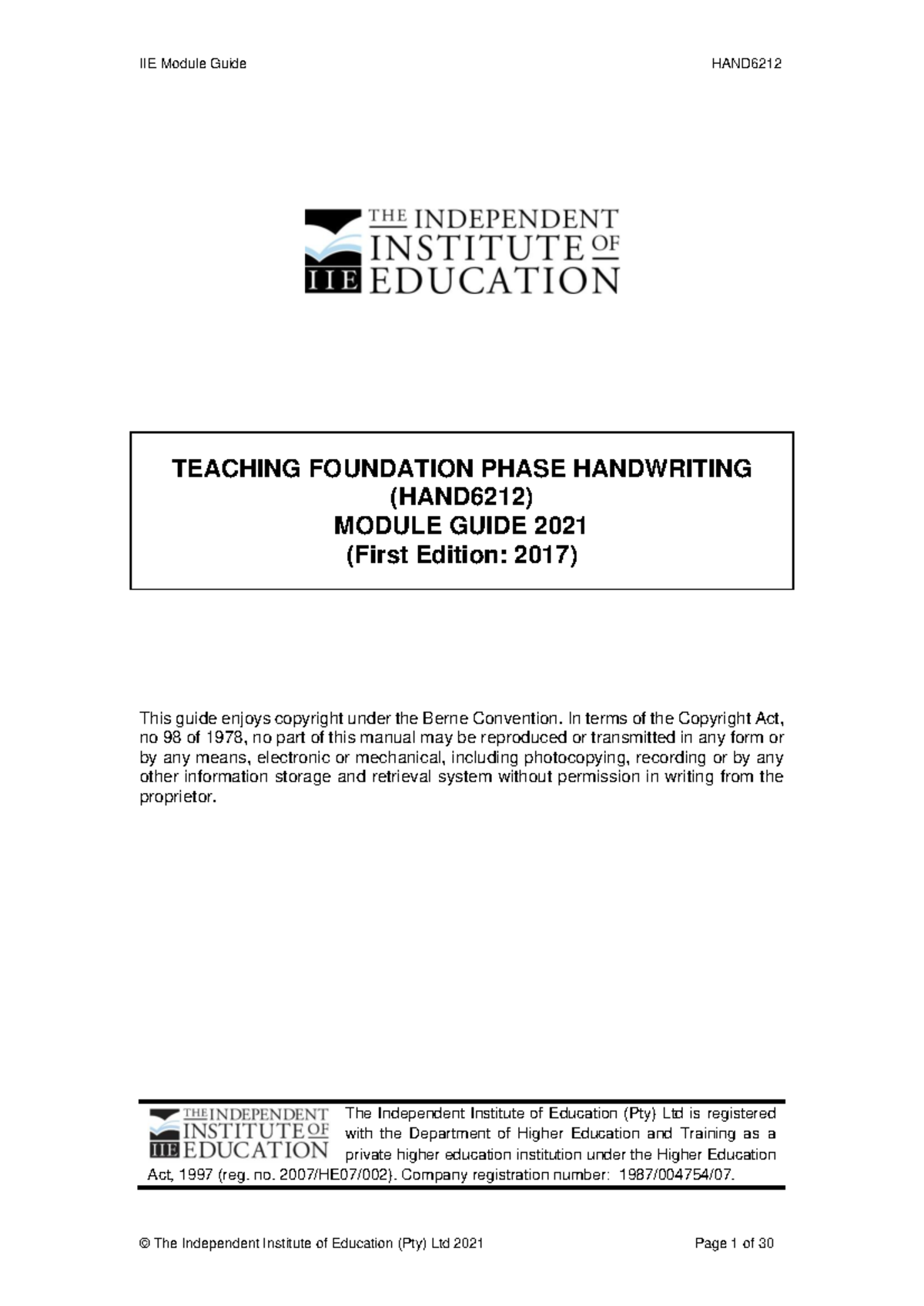 Teaching Foundation Phase Handwriting (HAND6212) Module Guide 2021 ...