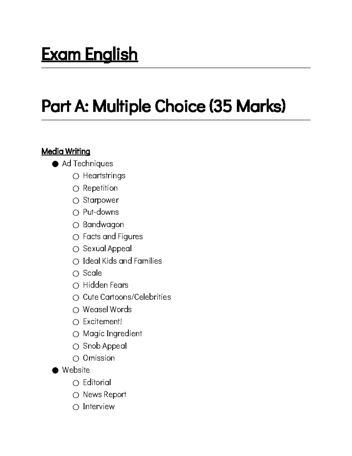 Exam English - Part A & B: Media Writing Techniques & Short Stories ...