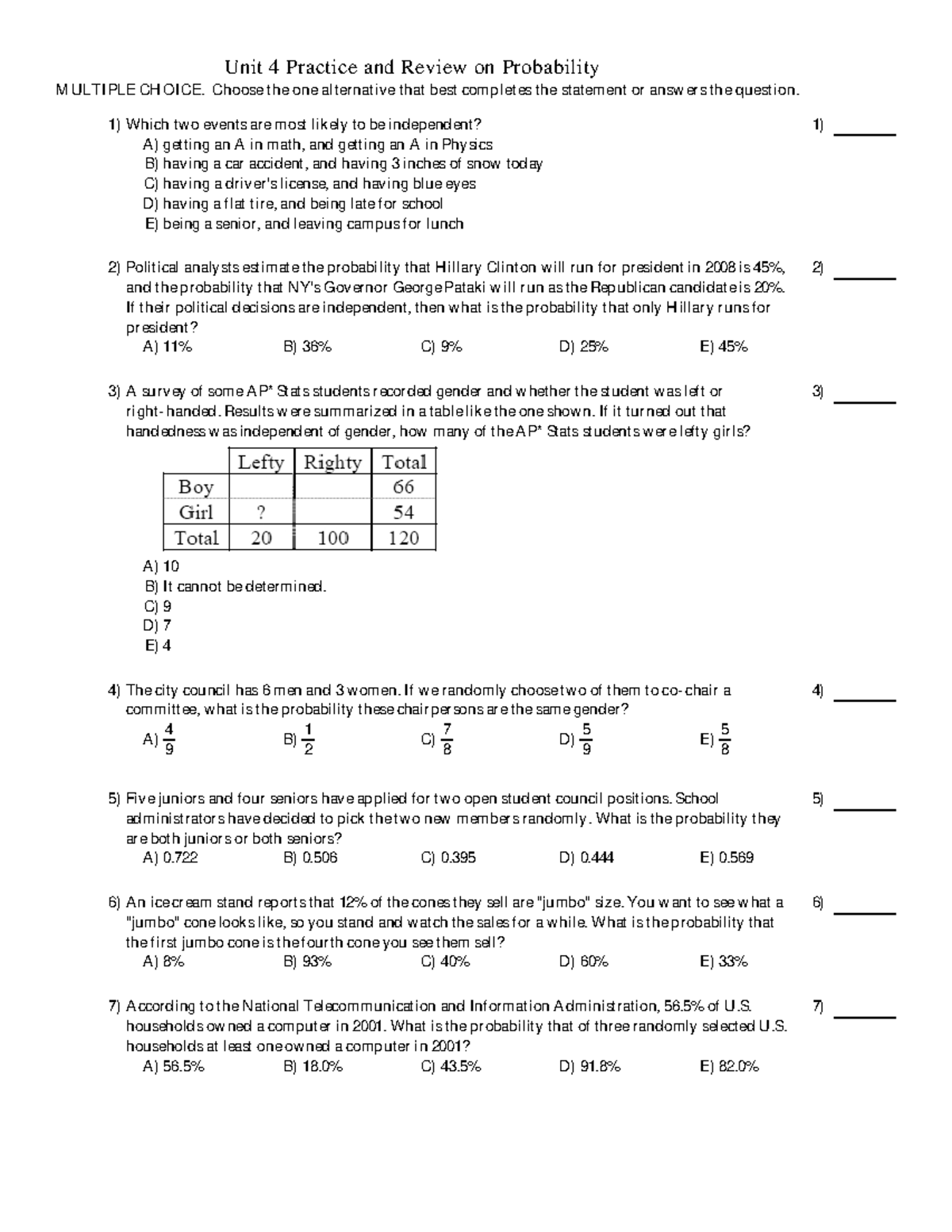 Unit 4 Practice 2018 No Binom or Geom - Unit 4 Practice and Review on ...