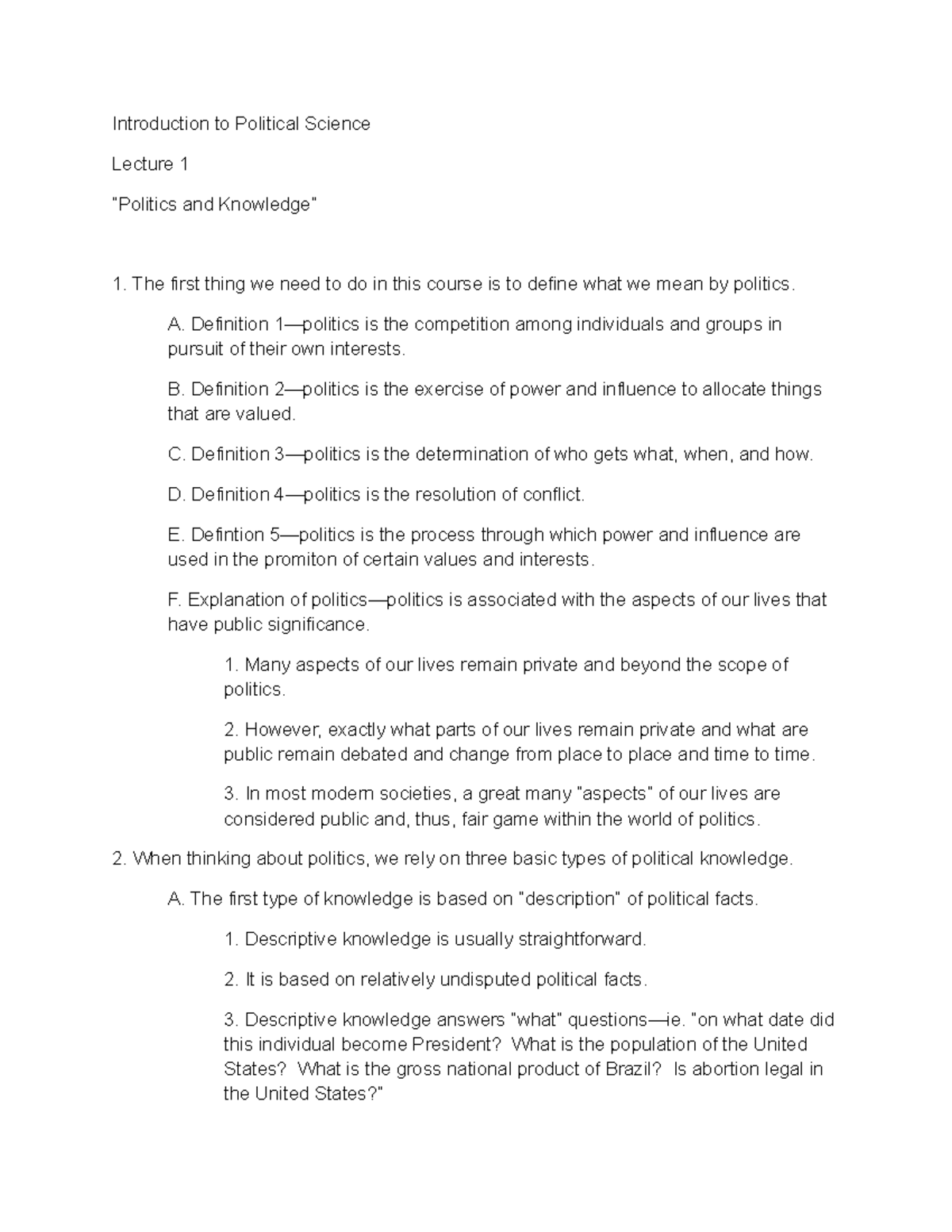 Lecture 1 - Intro to Political Science: Politics & Knowledge Overview ...