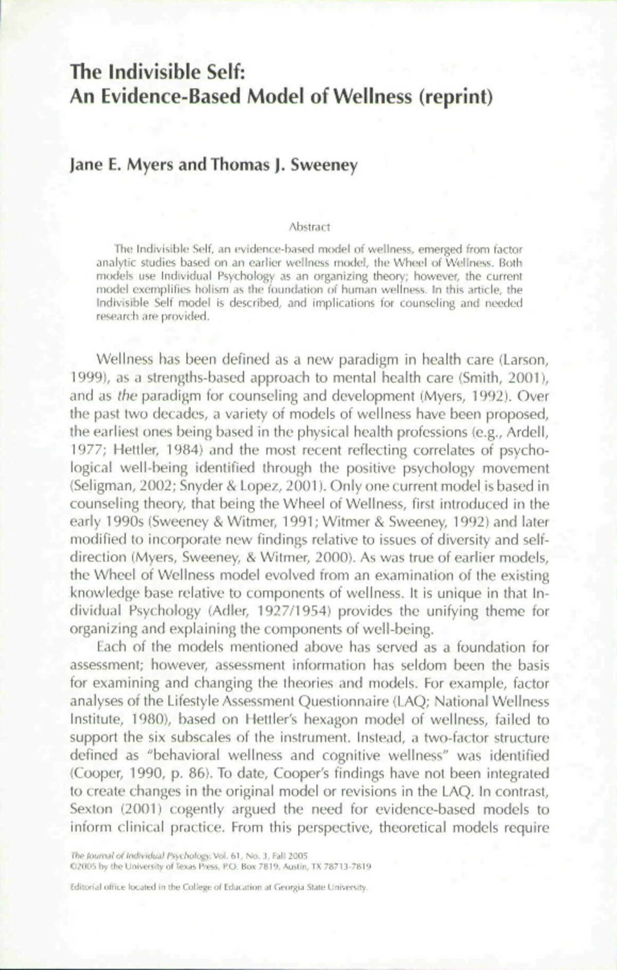 The Indivisible Self: An Evidence-Based Model of Wellness (Reprint ...