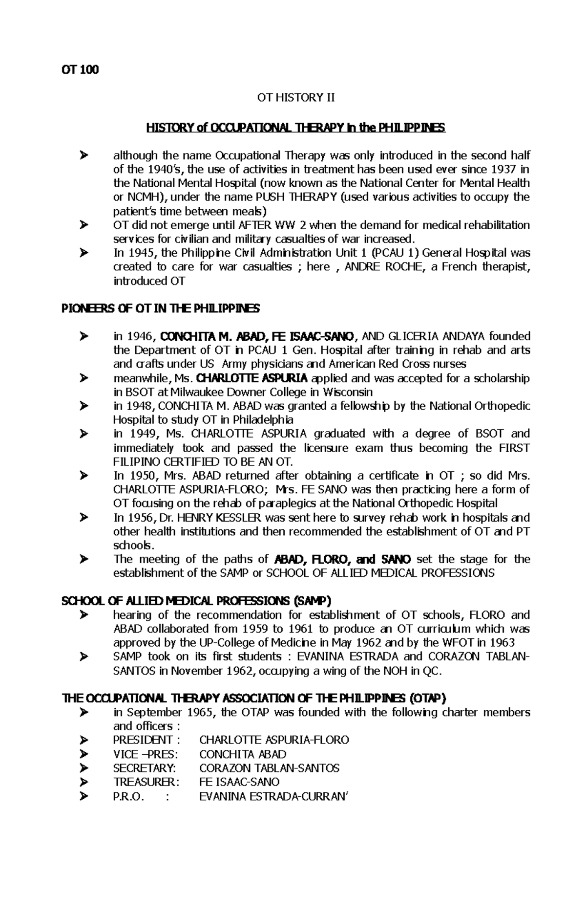 OT 100: History of Occupational Therapy in the Philippines - Studocu