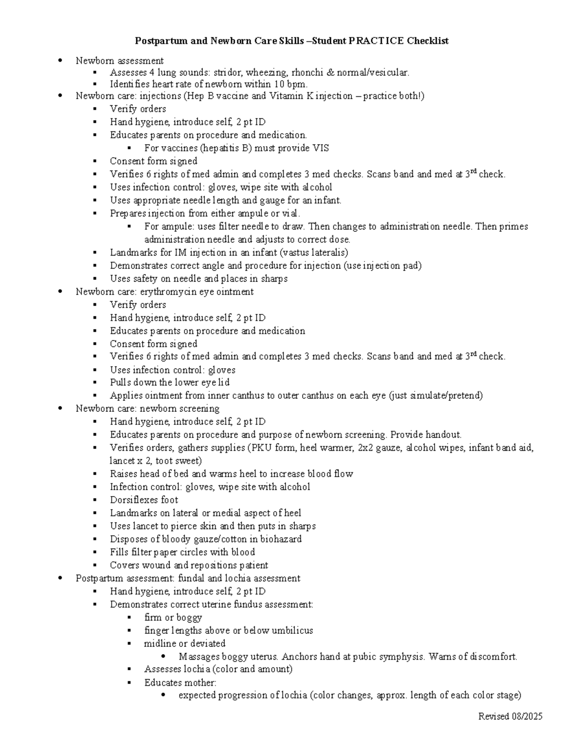 Practice Checklist: Postpartum & Newborn Care Skills 20240118 - Studocu
