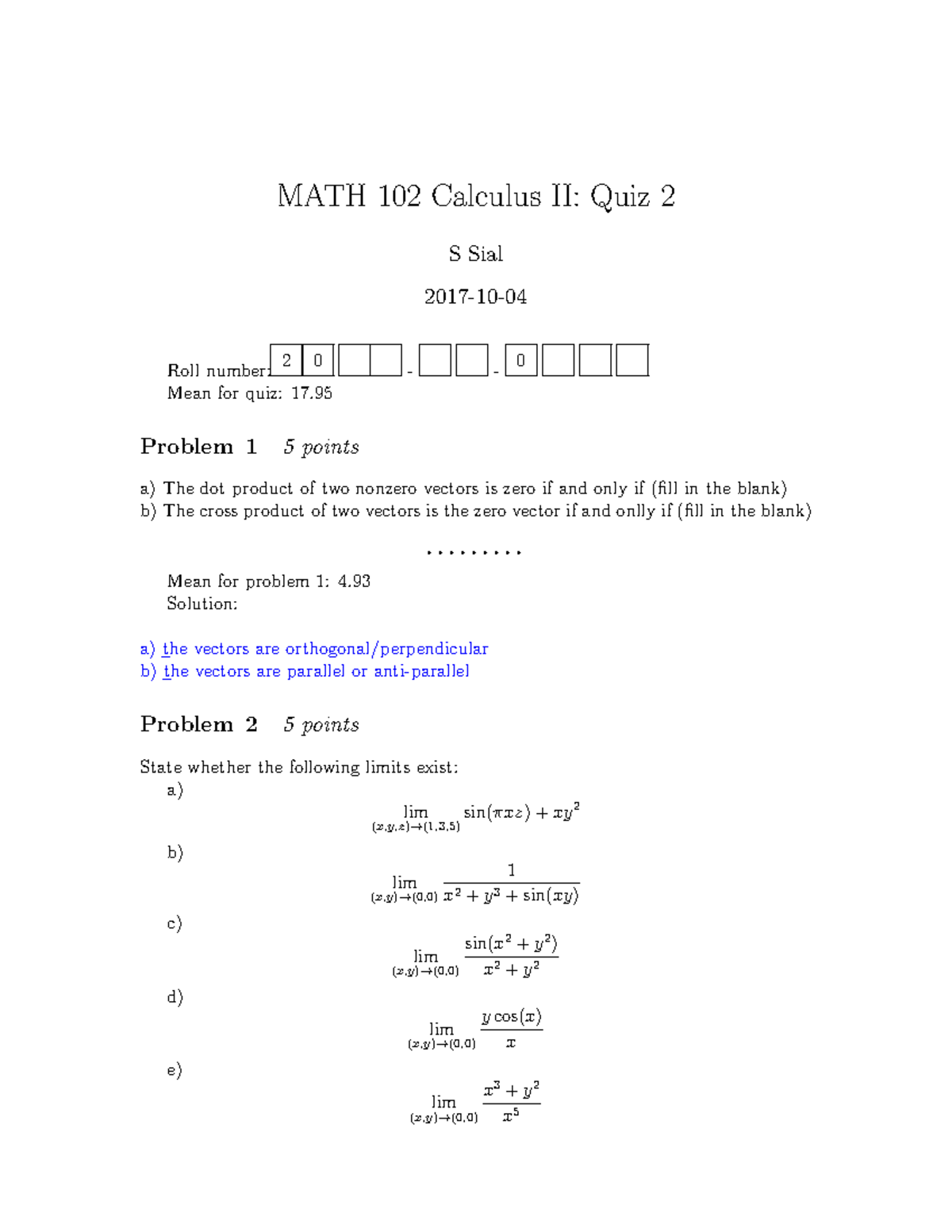Q02 - Exams - MATH 102 Calculus II: Quiz 2 S Sial 2017-10- Roll number ...