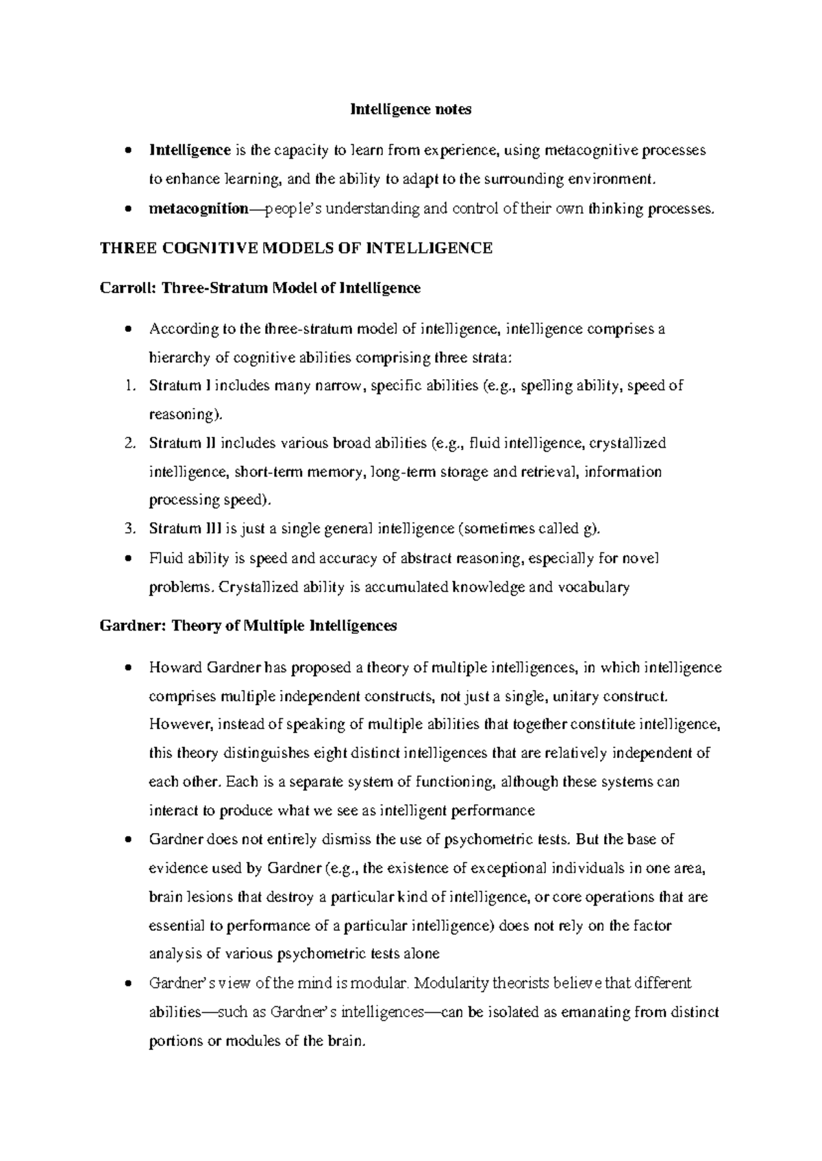 Intelligence Notes - Basics: Cognitive Models & Metacognition Insights ...