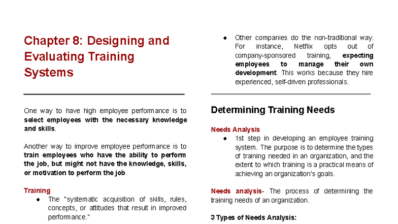 Chapter 8: Training Systems Design & Evaluation Strategies - Studocu