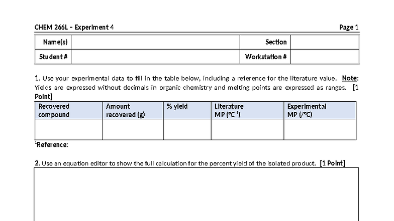 CHEM 266L Experiment 4 Data Collection Template - Studocu