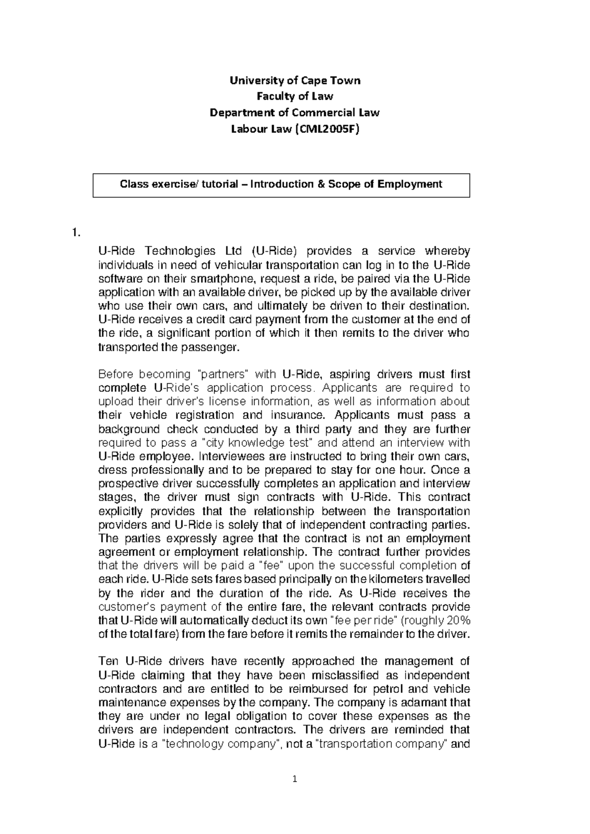 CML2005F Class Exercise: Introduction to Scope of Employment - Studocu