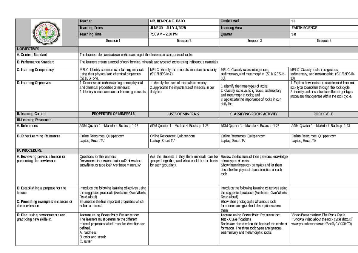 Q1 Lesson Plan: Minerals and Rocks for Grade 12 (Earth Science) - Studocu