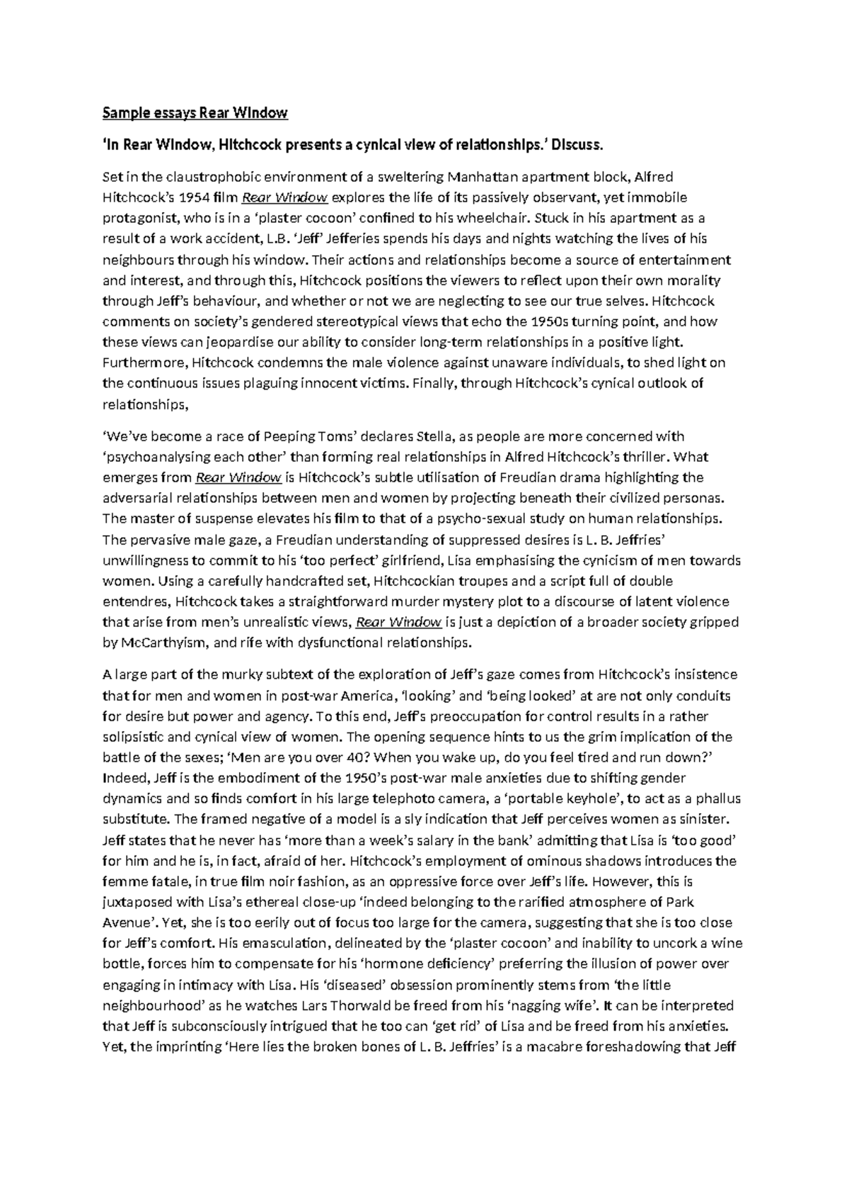 VCAA Rear Window Essay Analysis: Themes of Cynicism and Relationships ...