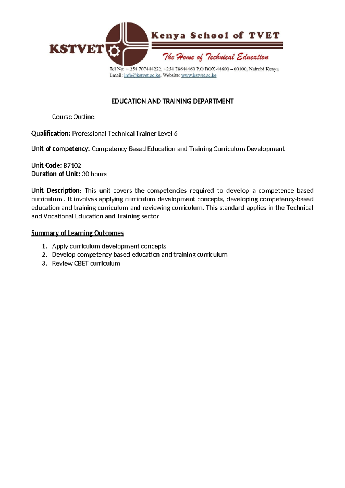 B7102 Develop CBET Curriculum Course Outline - Level 6 Training - Studocu