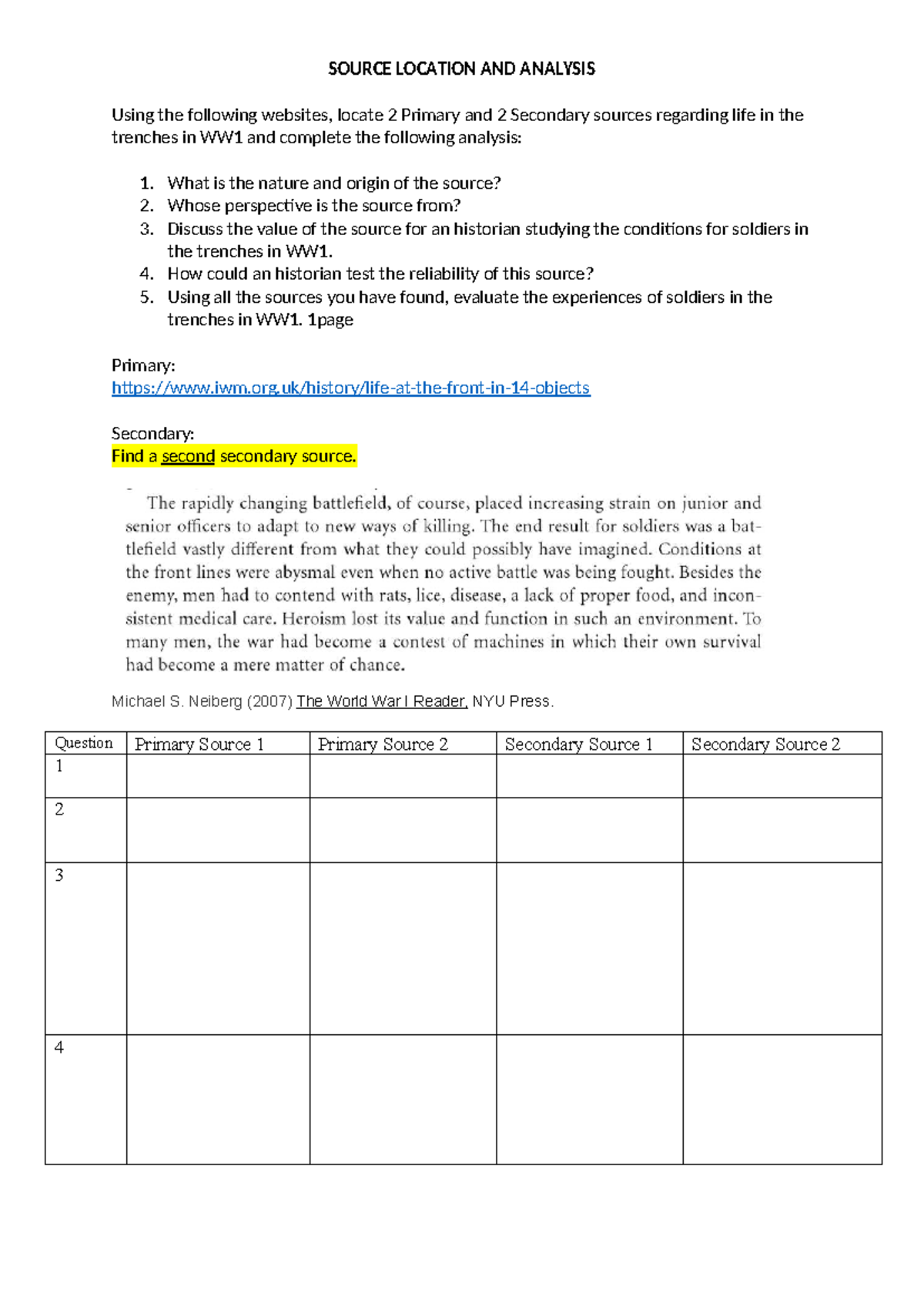 WW1 Sources Activity: Analyzing Life in Trenches - Primary & Secondary ...