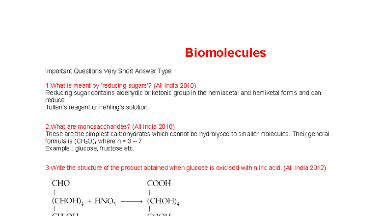 Biomolecules Important Questions & Answers (All India 2010-2016) - Studocu