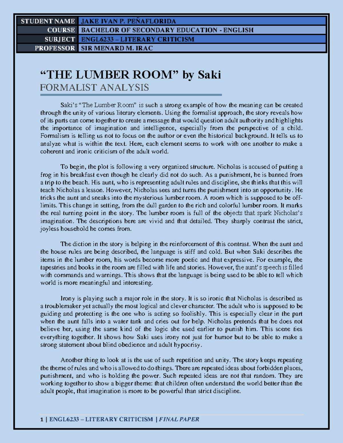 ENGL6233 LITERARY CRITICISM FINAL PAPER: FORMALIST & MARXIST ANALYSIS ...