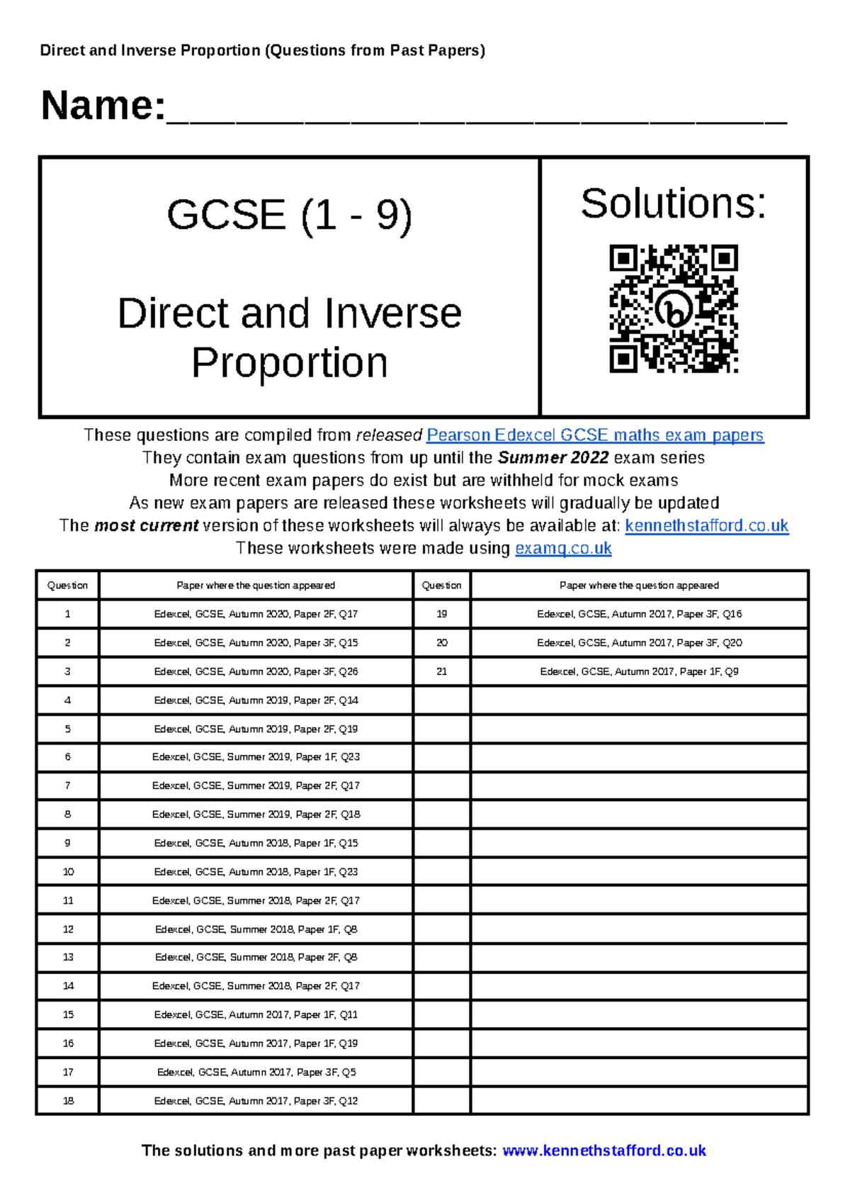 GCSE (1 9) Direct & Inverse Proportion - Past Exam Questions ...
