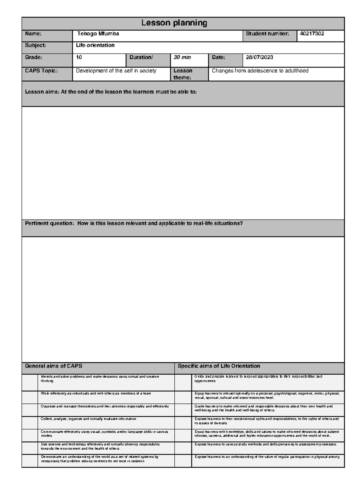 Individual Support Plan for Paul Sithole - Grade 9 (Completed) - Studocu