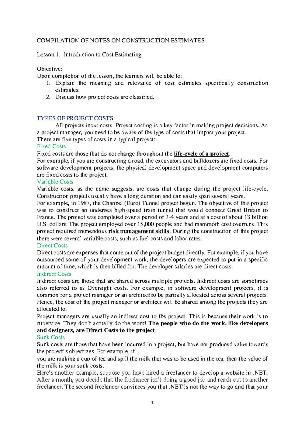 COMP 101: Construction Cost Estimating - Lesson 1 Overview - Studocu