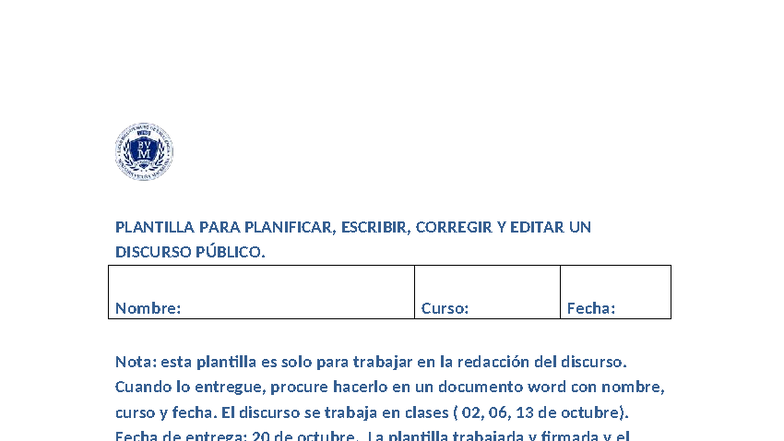 Plantilla para Discurso Público Ceremonial con Ejemplo y Rubrica - Studocu