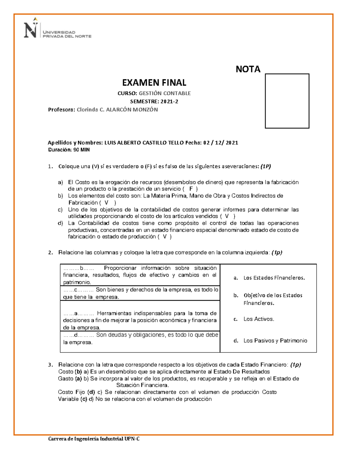 Examen Final de Gestión Contable 2021-2: Preguntas y Respuestas - Studocu