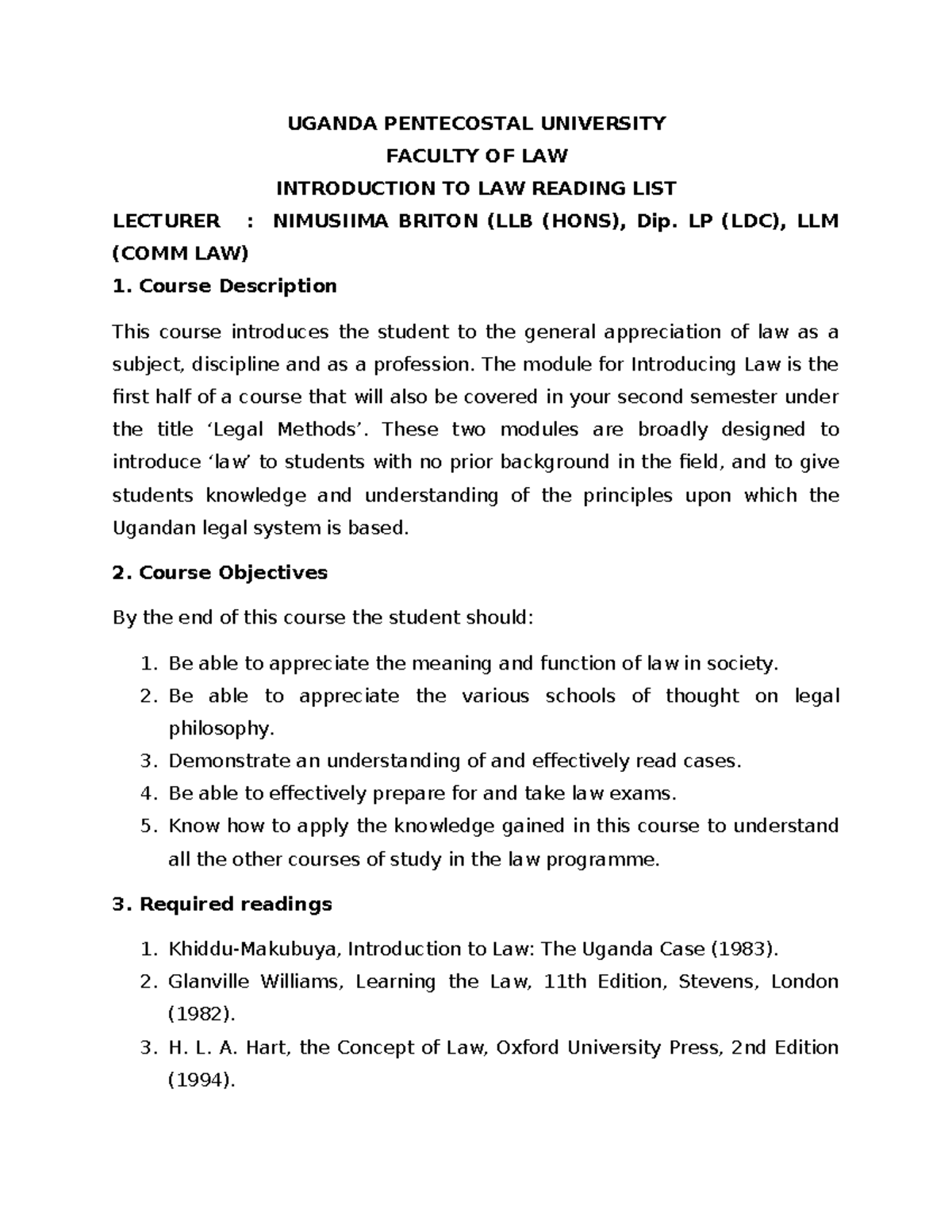 Reading LIST Introduction TO LAW - UGANDA PENTECOSTAL UNIVERSITY ...