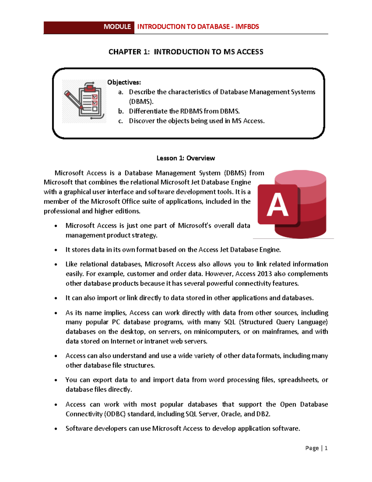 Imfbds Chapter 1 for the student - CHAPTER 1: INTRODUCTION TO MS ACCESS Lesson 1: Overview ...