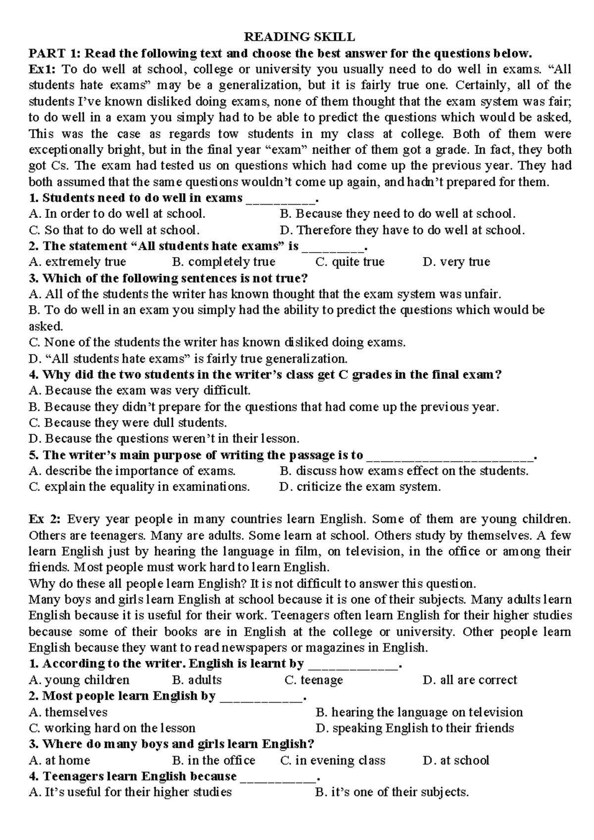Reading Skills 1: Exam Preparation and Comprehension Exercises - Studocu