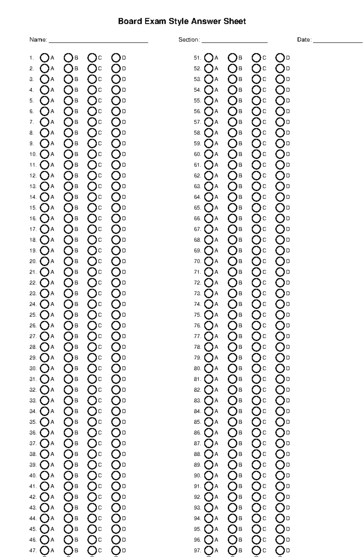 Board Exam Answer Sheet (1-100) - Studocu