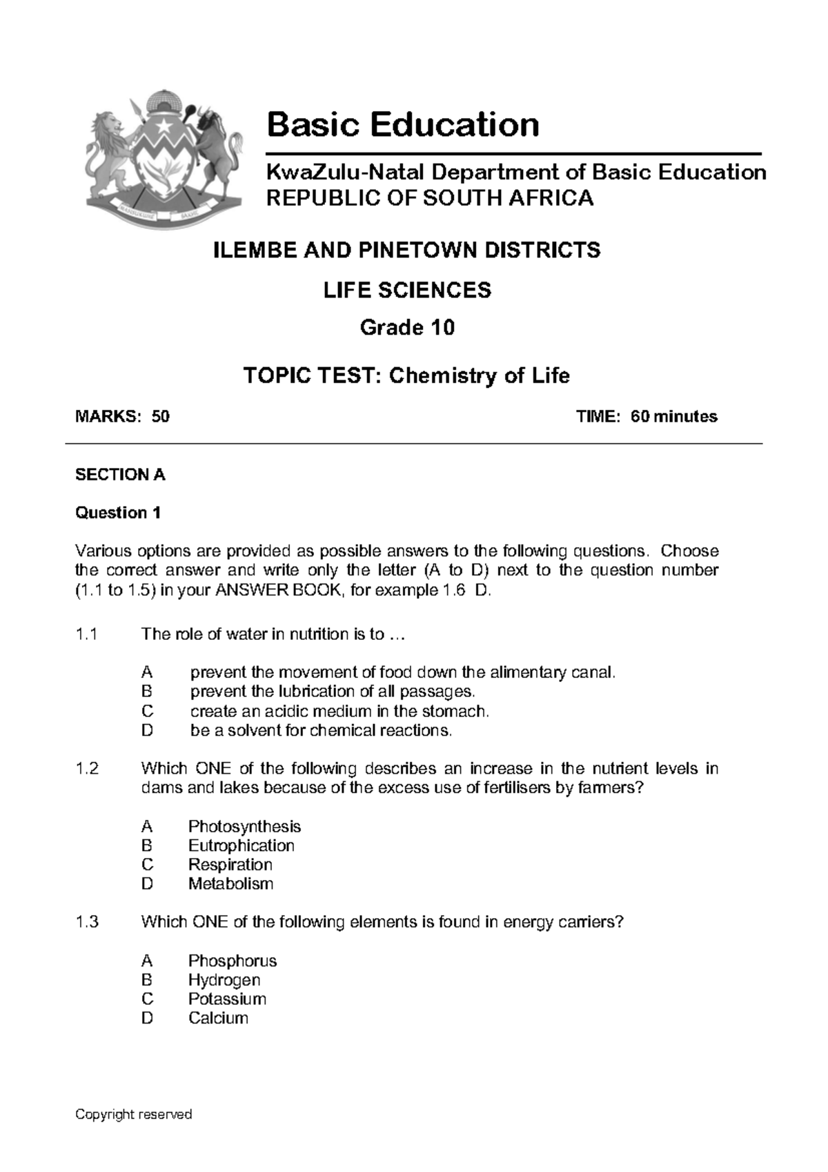 Grade 10 Life Sciences Topic Test: Chemistry of Life & Cell Mitosis ...