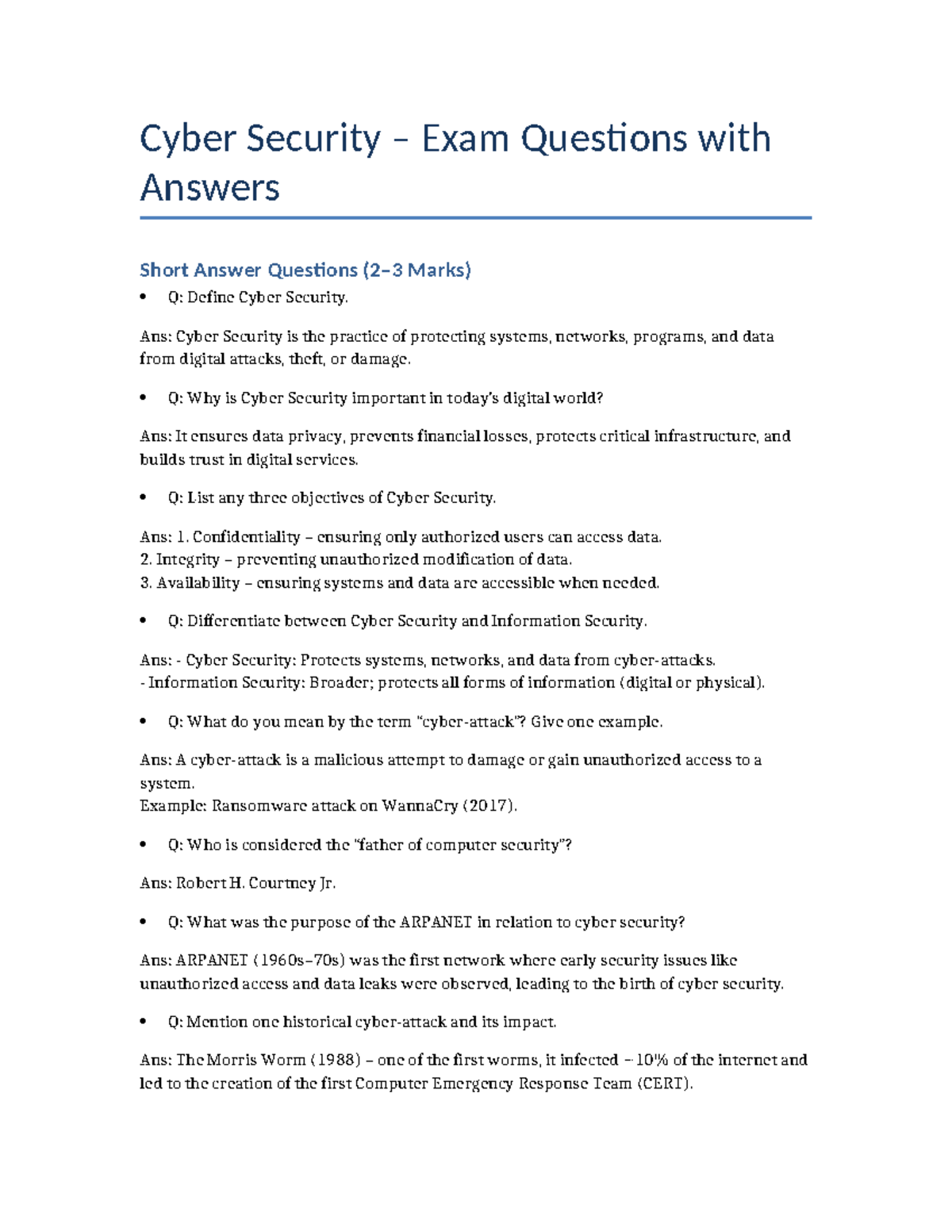 Cyber Security Exam Q&A (CS101) - Short & Long Answers - Studocu