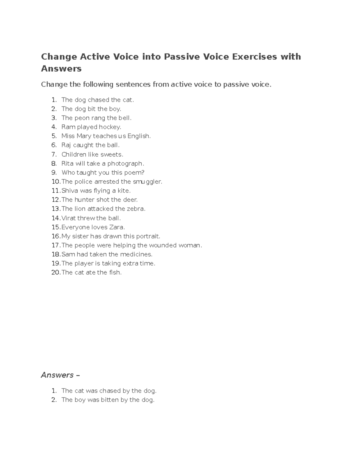 Active to Passive Voice Exercise Set with Answers - Studocu