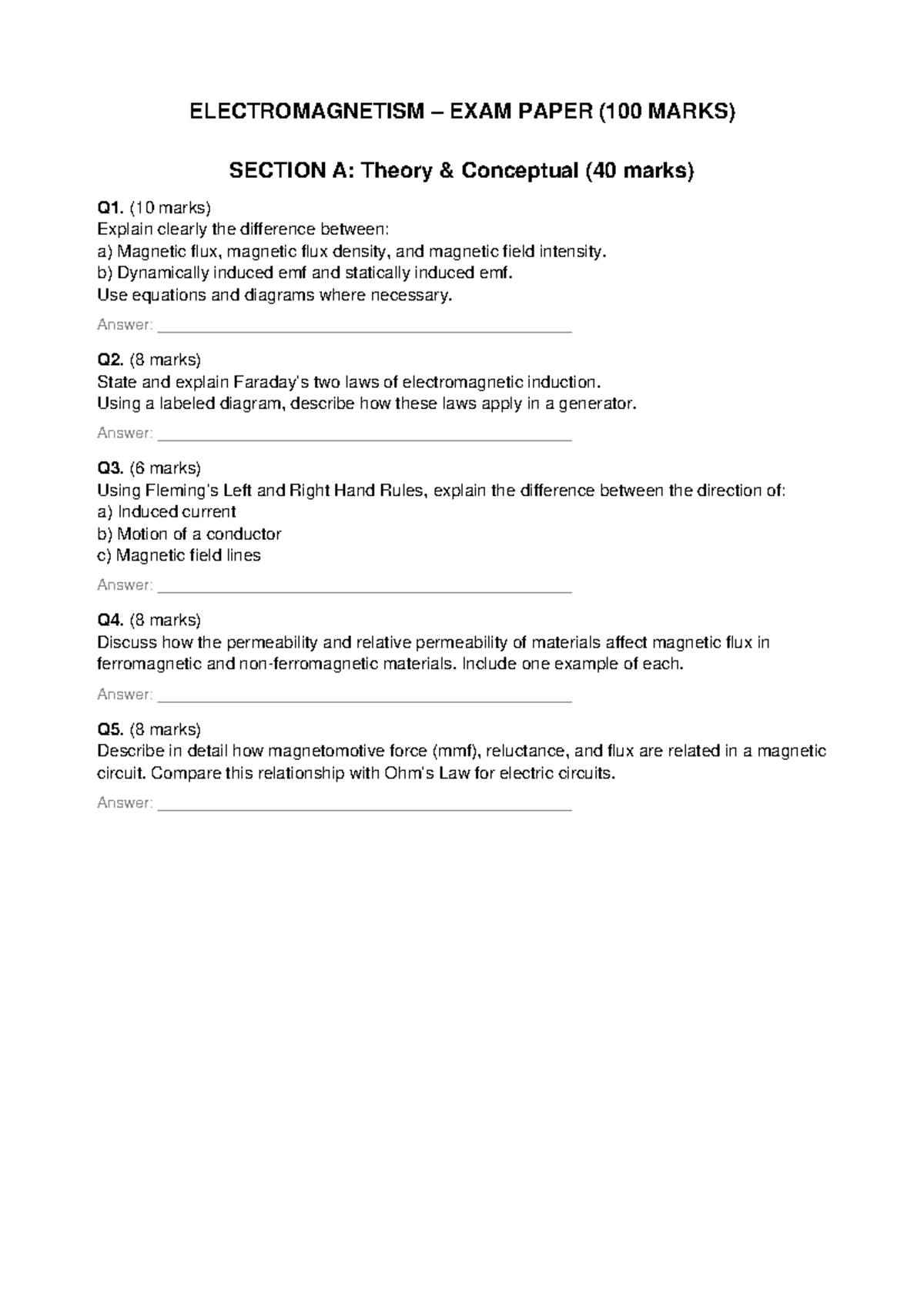 ELECTROMAGNETISM 100 MARKS EXAM PAPER - BATCH 1 PRACTICE QUESTIONS ...