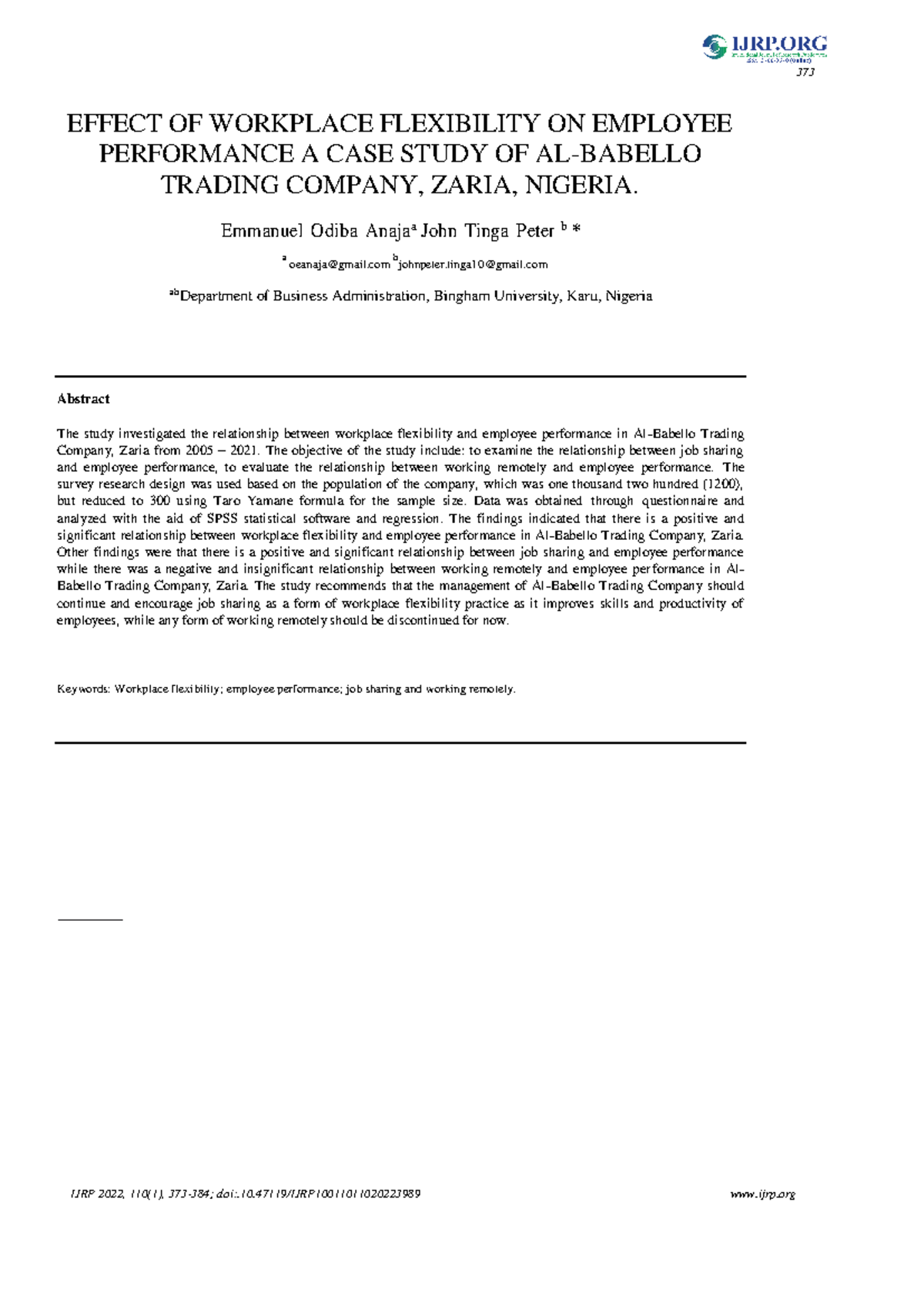 1001091920223884 - study on FWAs - EFFECT OF WORKPLACE FLEXIBILITY ON ...