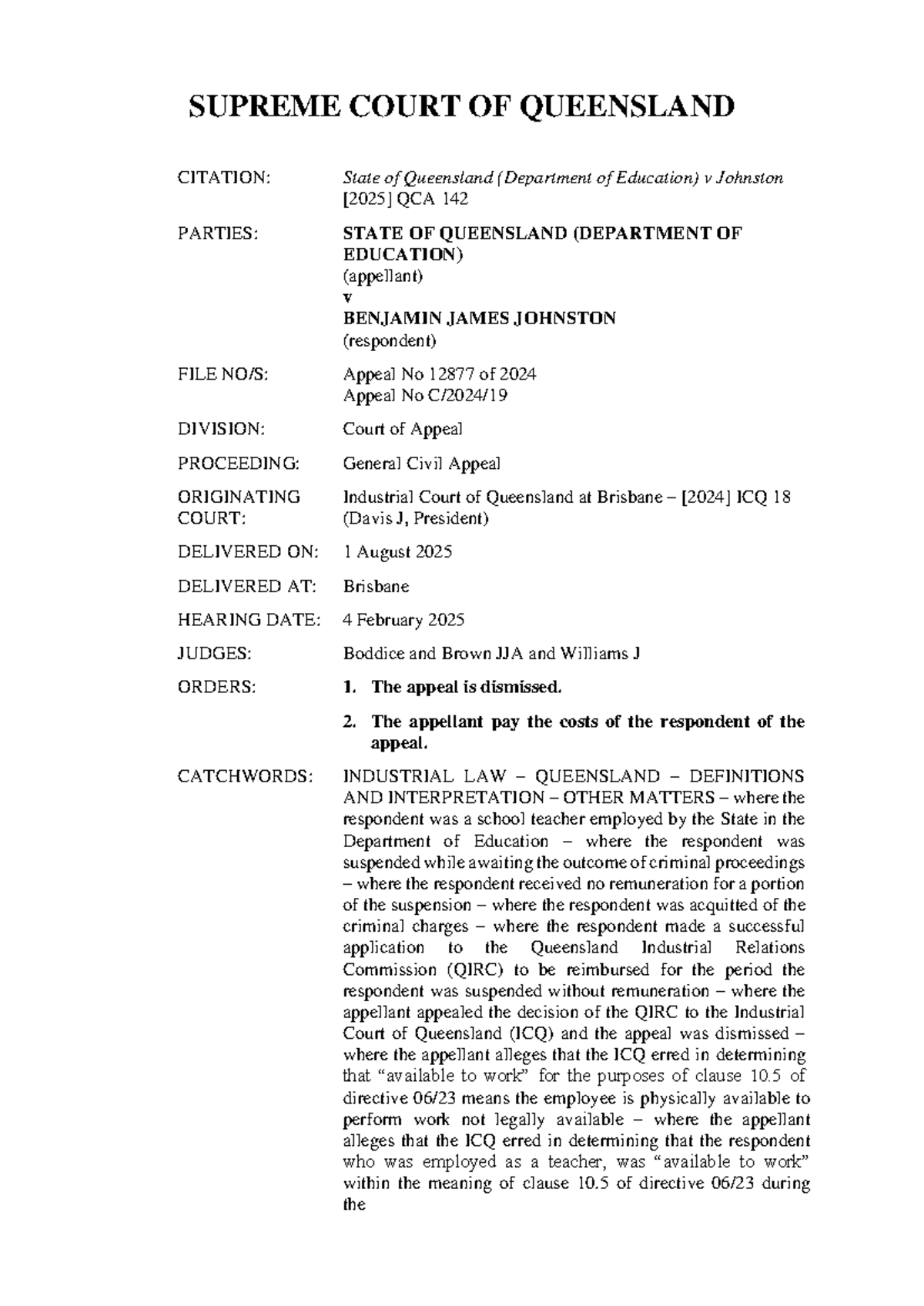 Case Note: State of Queensland (Dept of Education) v Johnston QCA 142 ...