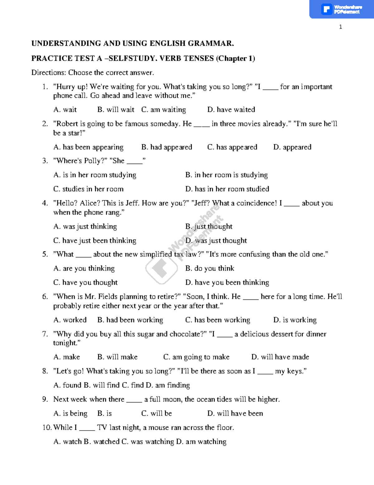 Practice Test A: Verb Tenses (Chapter 1) - Understanding English ...
