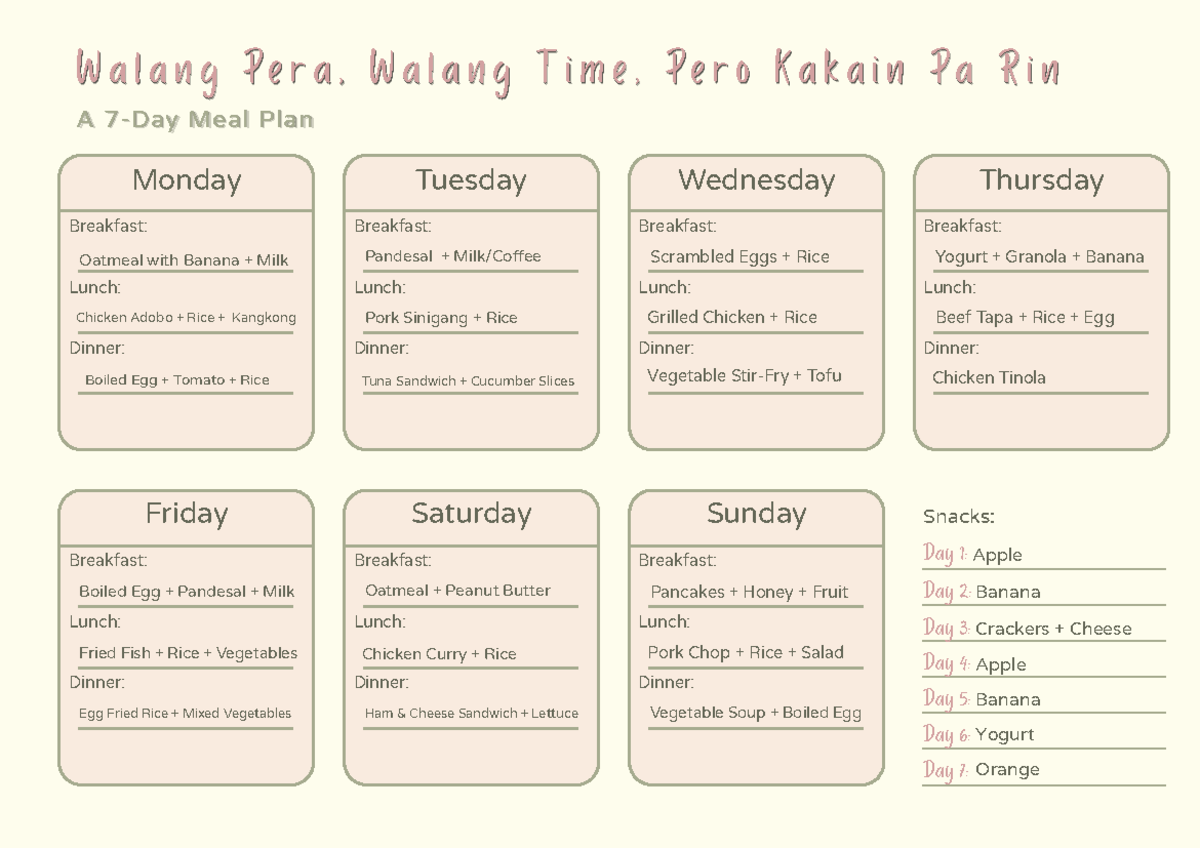 Meal Plan (Nagales, Ericka Jhane N) for the Week - Studocu
