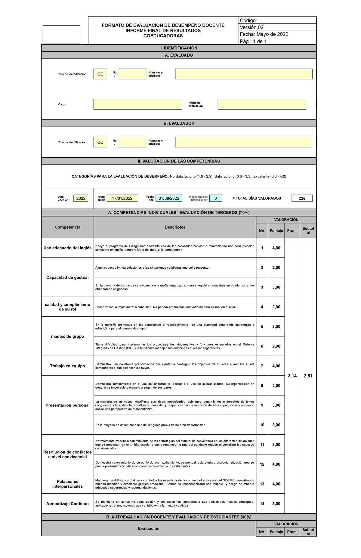 Formato de Evaluación de Desempeño Docente - Informe Final 2022 - Studocu