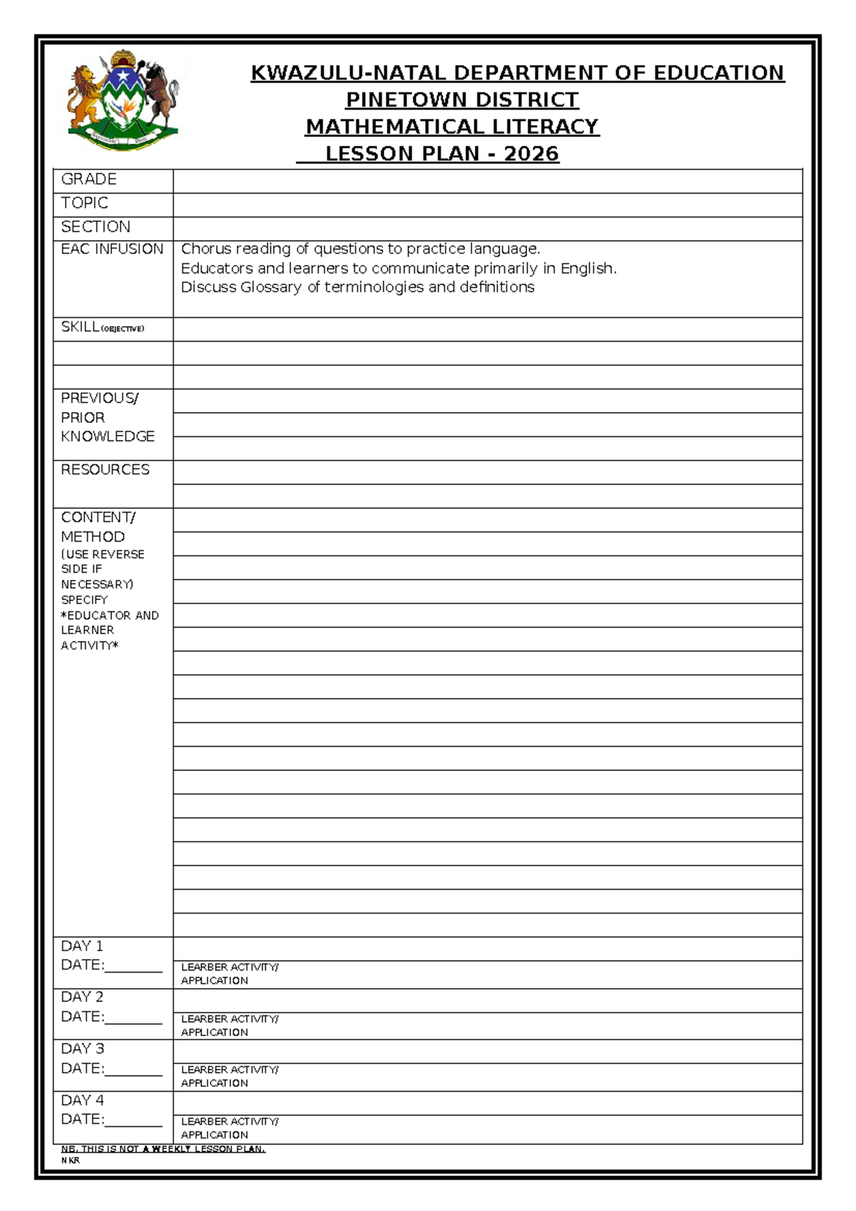 Lesson PLAN - KWAZULU-NATAL DEPARTMENT OF EDUCATION PINETOWN DISTRICT ...