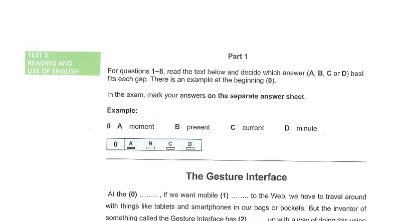 UOE TEST 3 Part 1: Reading & Use of English - The Gesture Interface ...