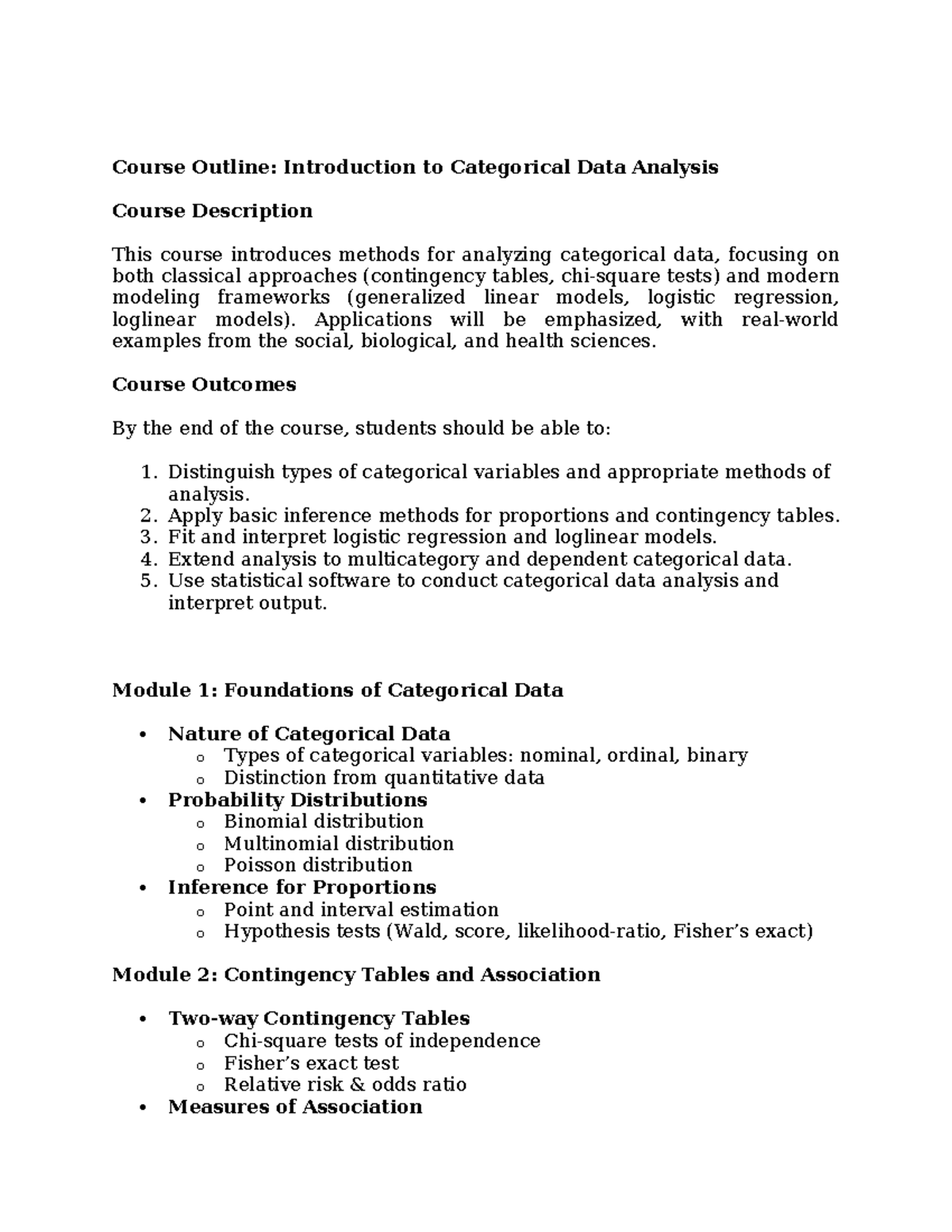 Introduction to Categorical Data Analysis (STAT 101) Course Outline ...